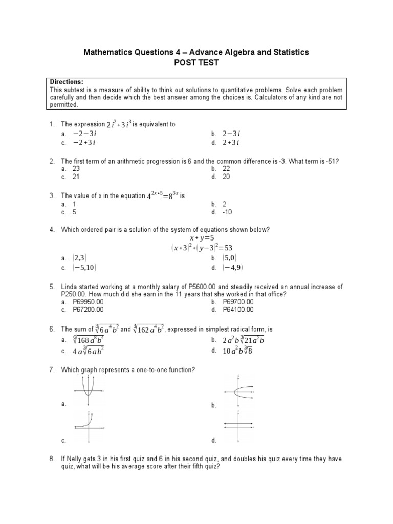 Mathematics Questions 4 - Advance Algebra and Statistics Post Test ...
