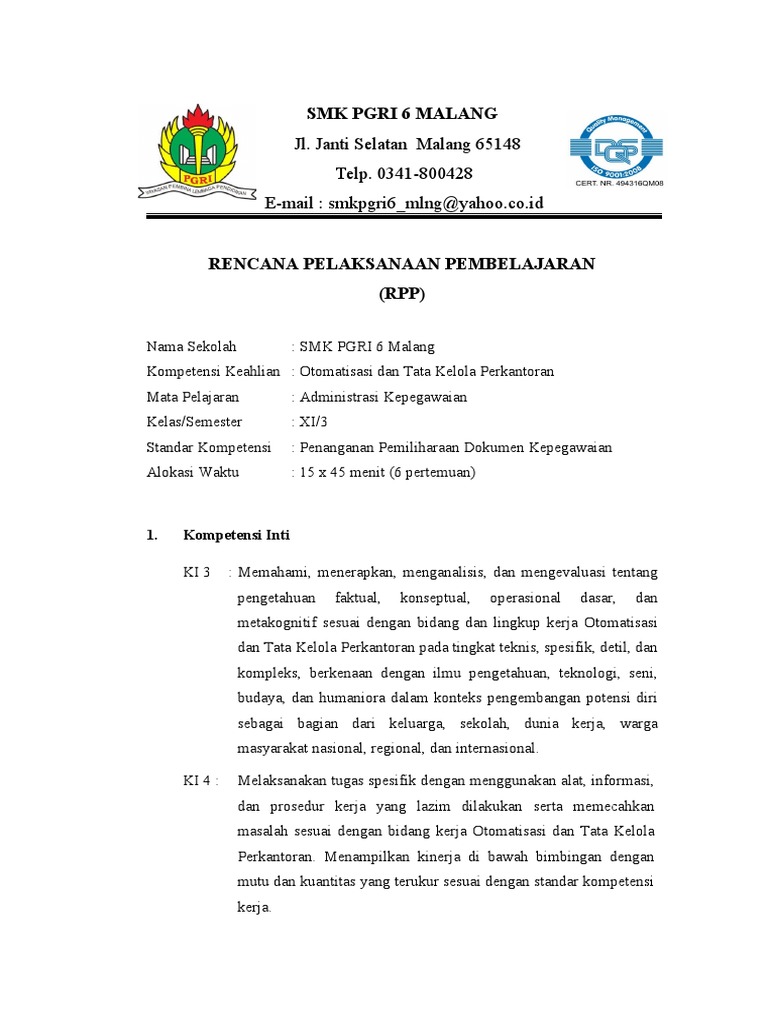 Adm. Kepegawaian /RPP/KD 3.2/RPP KD 2 (5 Pertemuan) - 1 | PDF | Karier & Perkembangan ...