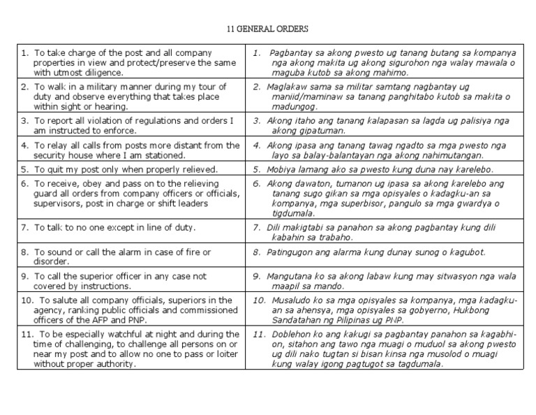 11 General Orders - Cebuano | PDF