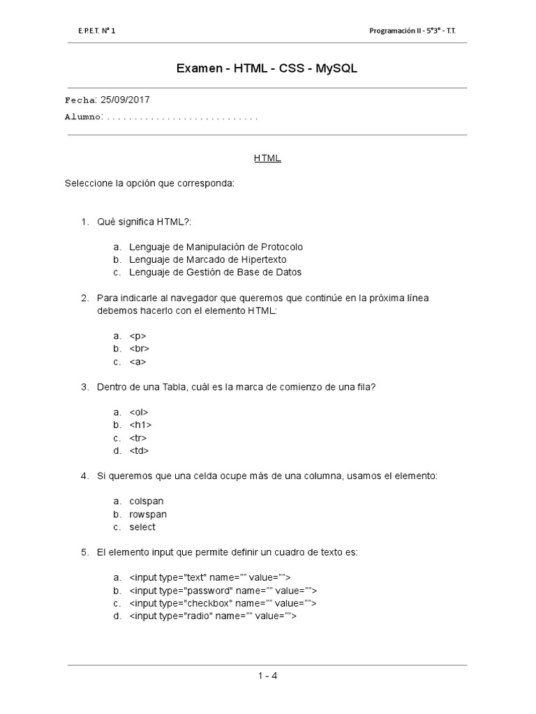 Examen - HTML - CSS - MySQL | PDF | HTML | Mi sql
