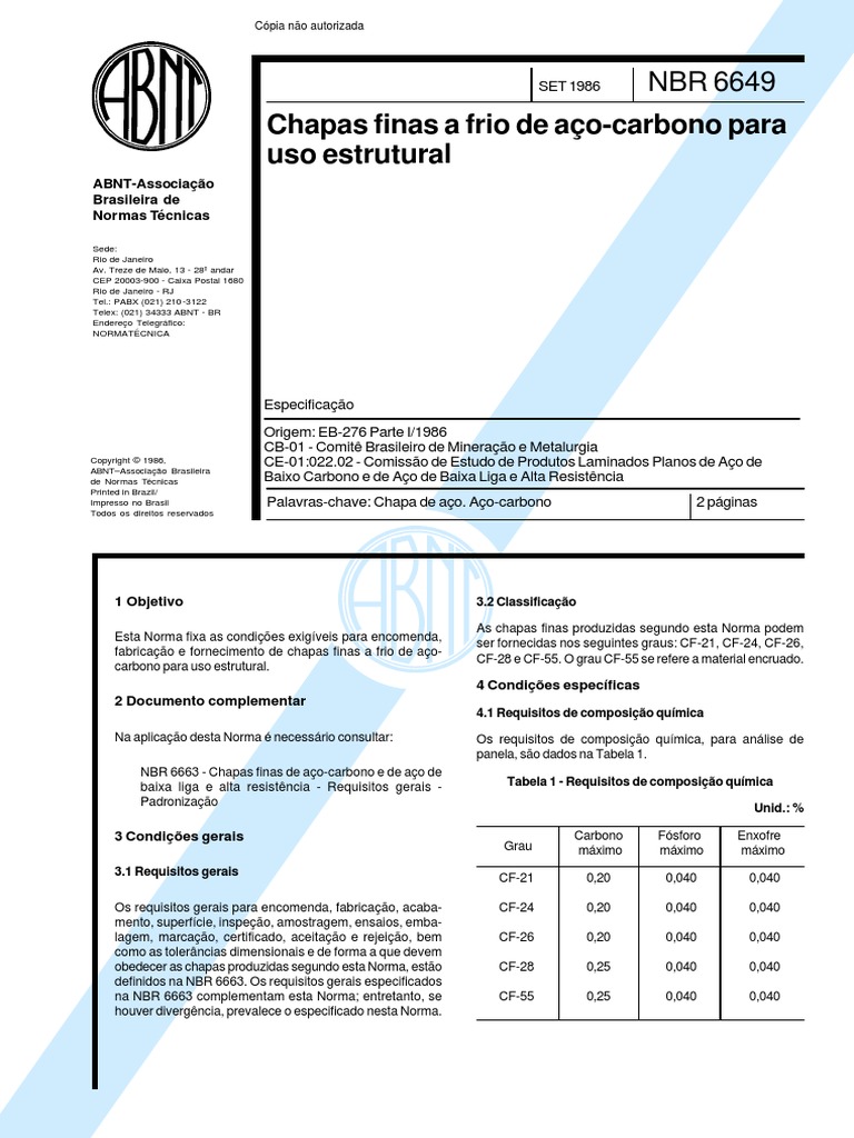 NBR 6649 1986 (CF) | PDF | Aço | Materiais