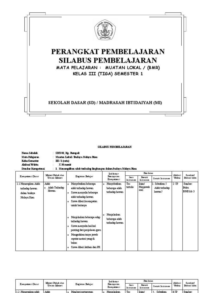 Silabus BMR Kelas 3 SD Semester 1 | PDF