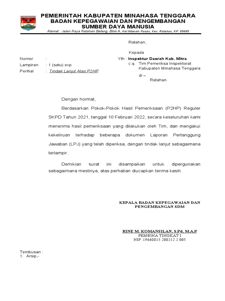 Surat Tanggapan P2HP Inspektorat Riske | PDF