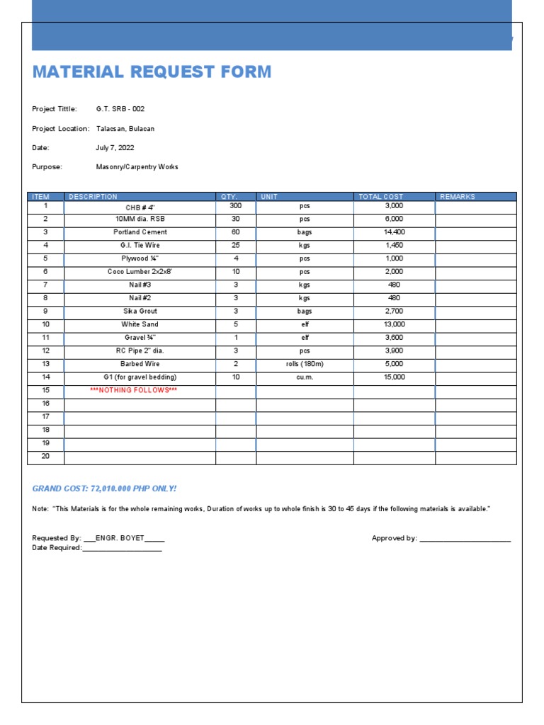 Material Request Form: E.S. Olaguer Construction | PDF | Natural ...