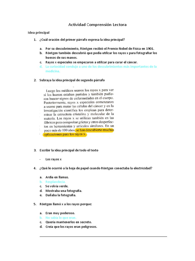 Actividad Comprensión Lectoraideaprincipal | PDF