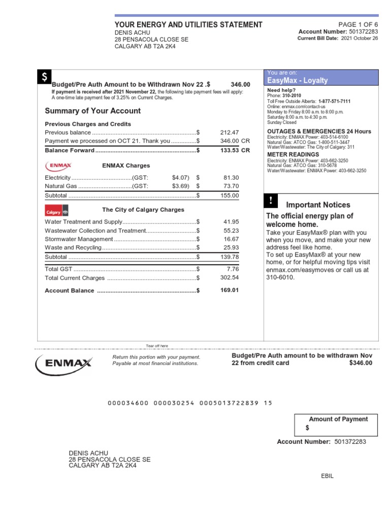 Enmax Bill Oct 2021 | PDF | Fee | Taxes