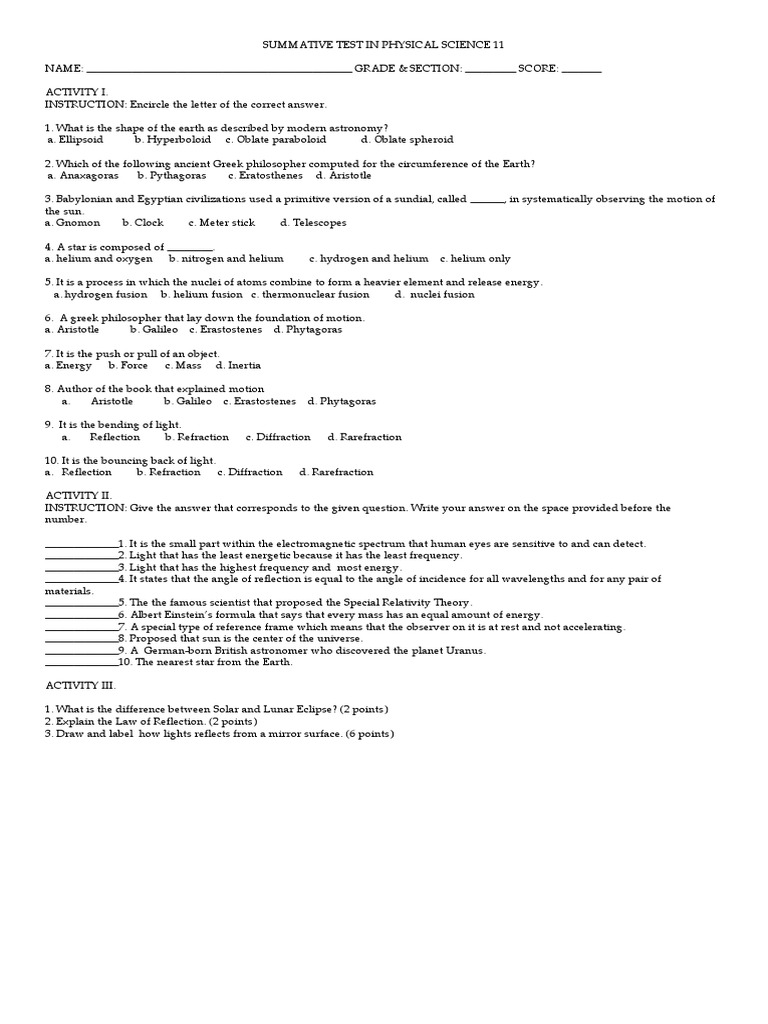 Summative Test in Physical Science 11 | PDF | Light | Sun