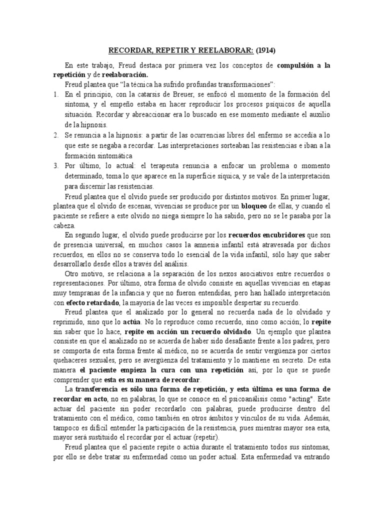Recordar, Repetir, Reelaborar | PDF | Sigmund Freud | Psicoanálisis