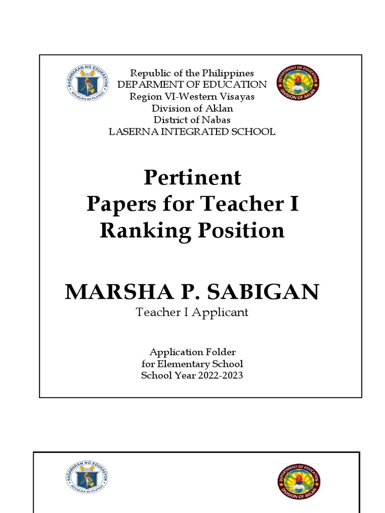 Pertinent Papers For Teacher I Ranking Position Marsha P. Sabigan | PDF