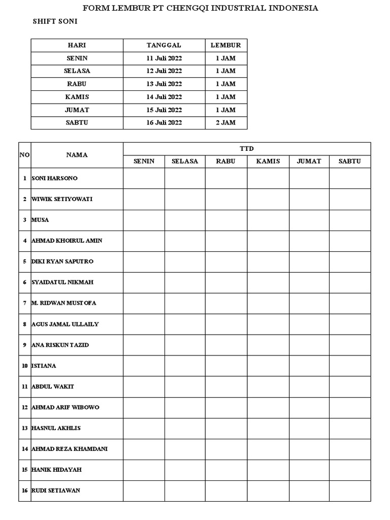 Form Lembur PT Chengqi Industrial | PDF