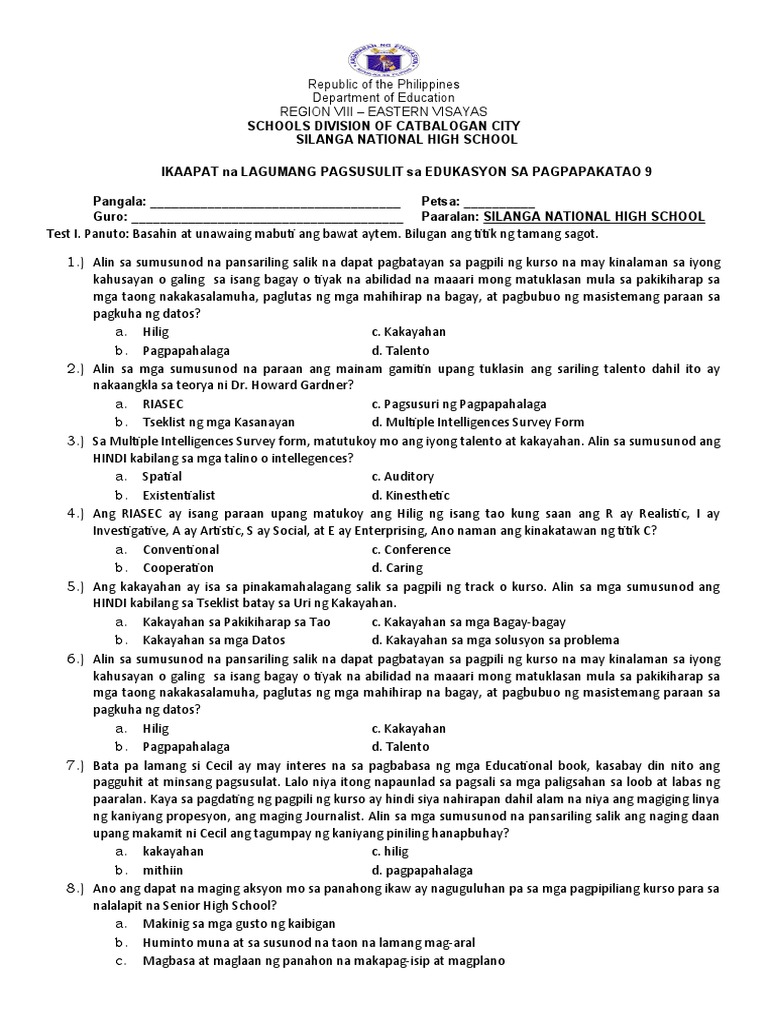 ESP 9 4th Quarter Summative Test | PDF