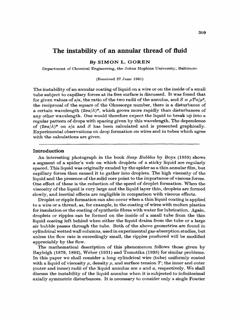 SIMON L. GOREN (1962) The Instability of An Annular Thread of Fluid ...