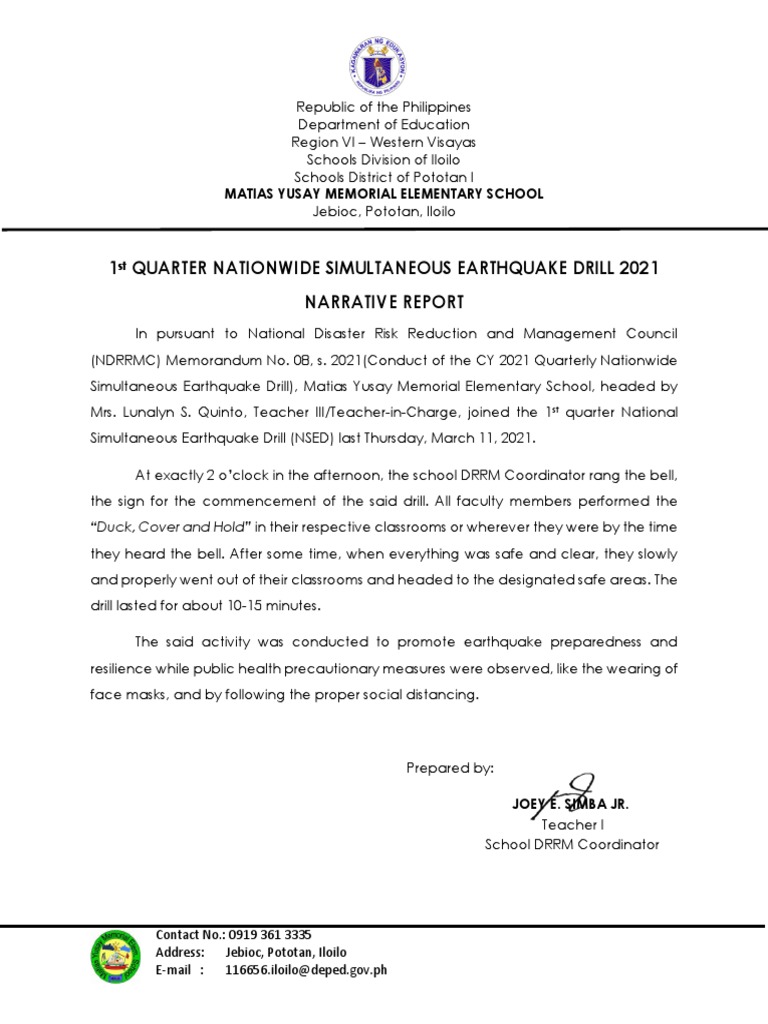 1st Q Nsed 2021 Narrative Report Matias Yusay Mes | PDF | Emergency ...