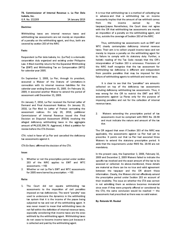 CIR v. La Flor Dela Isabela, Inc. | PDF | Taxes | Income Tax In The ...