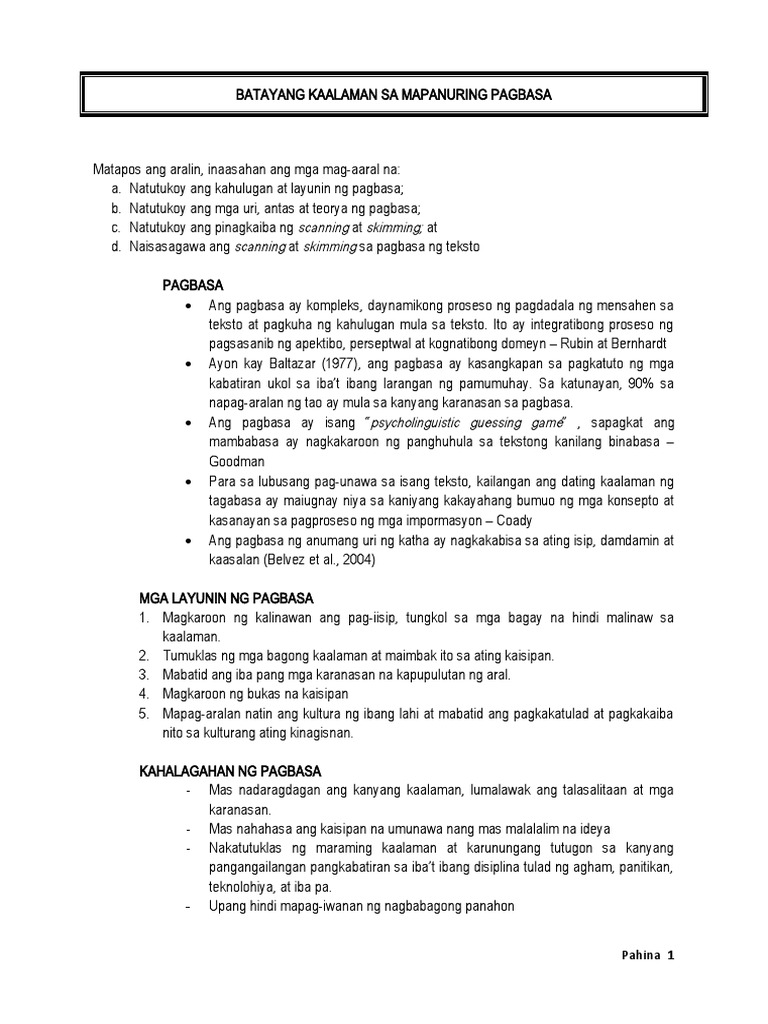 Pagbasa at Pagsusuri NG Ibat Ibang Teksto MODULE 1&2 | PDF
