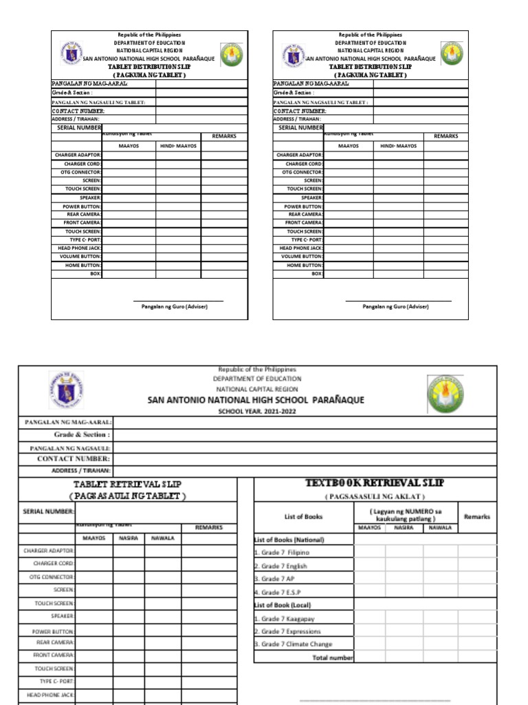 Textbook &tablet Retrieval Slip 2021-2022 | PDF | Consumer Electronics ...