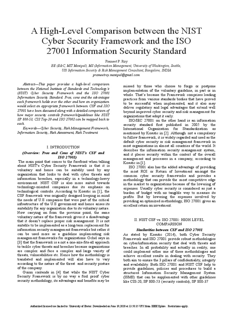 A High-Level Comparison Between The NIST Cyber Security Framework ...