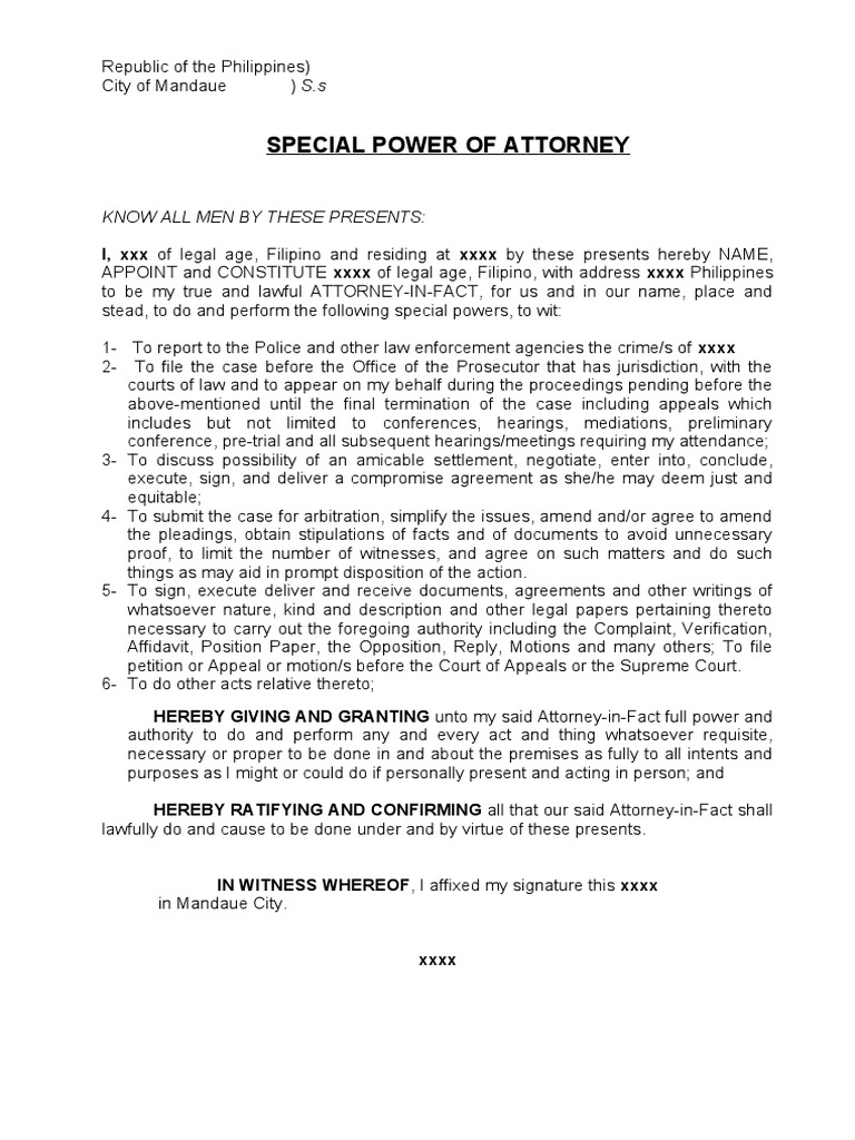 Special Power of Attorney: Know All Men by These Presents | PDF | Power ...