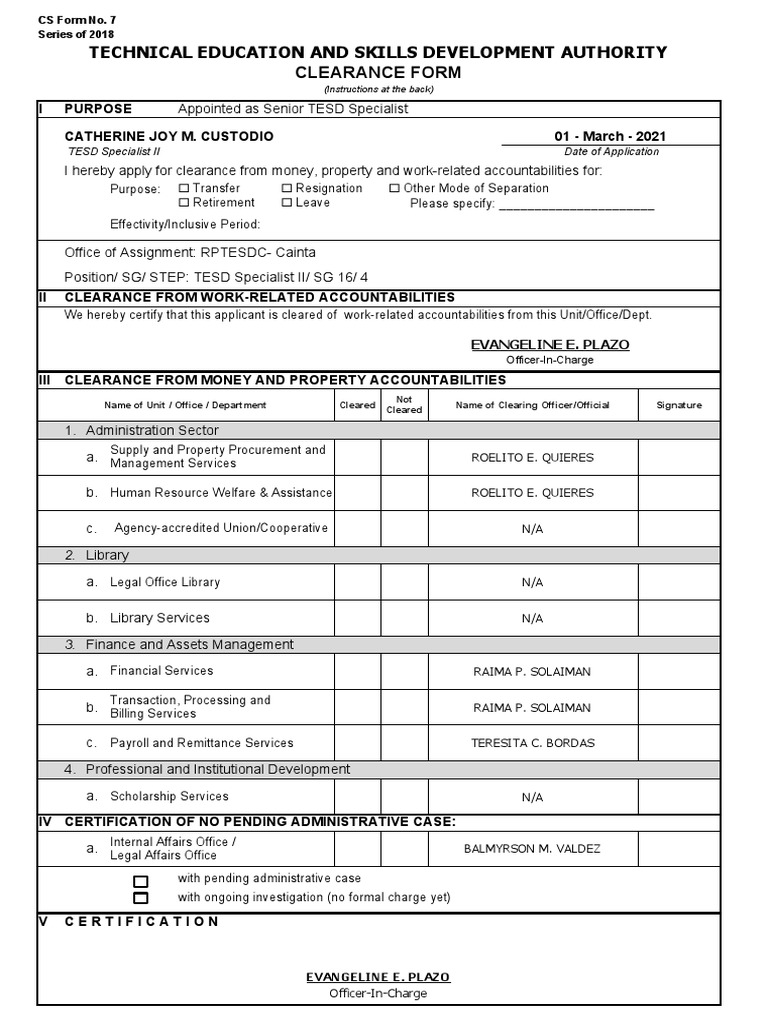 Technical Education and Skills Development Authority Clearance Form ...