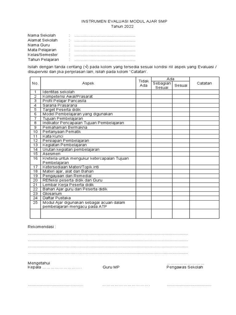 Instrumen Telaah Evaluasi Modul Ajar SMP | PDF
