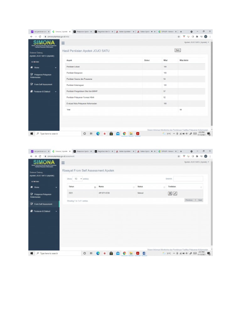 Self Assessment Apotek Jojo Satu (Aplikasi Simona) | PDF
