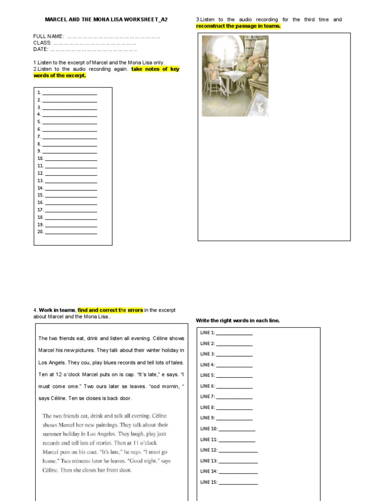 Marcel and The Mona Lisa Worksheet | PDF