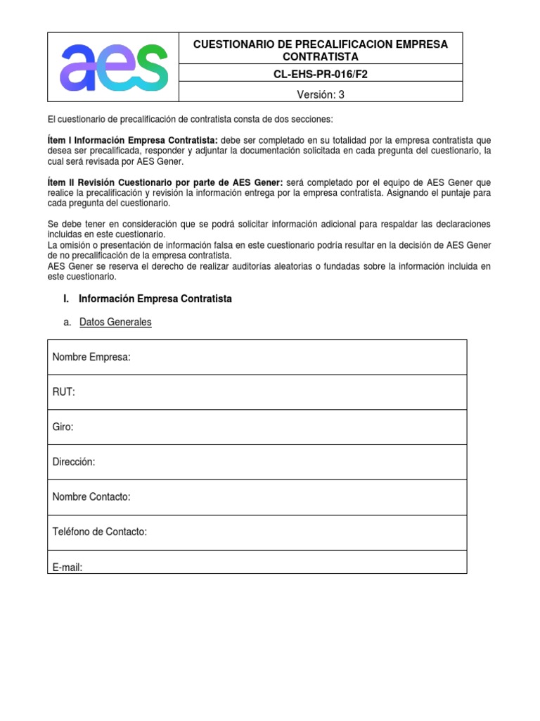 CL-EHS-PR-016 F2 Cuestionario de Precalificación Empresas Contratistas V3 | PDF | Cuestionario ...