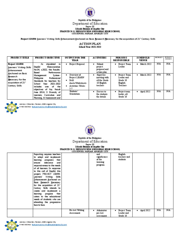 Project LEARN ACTION PLAN | PDF | Learning | Educational Psychology