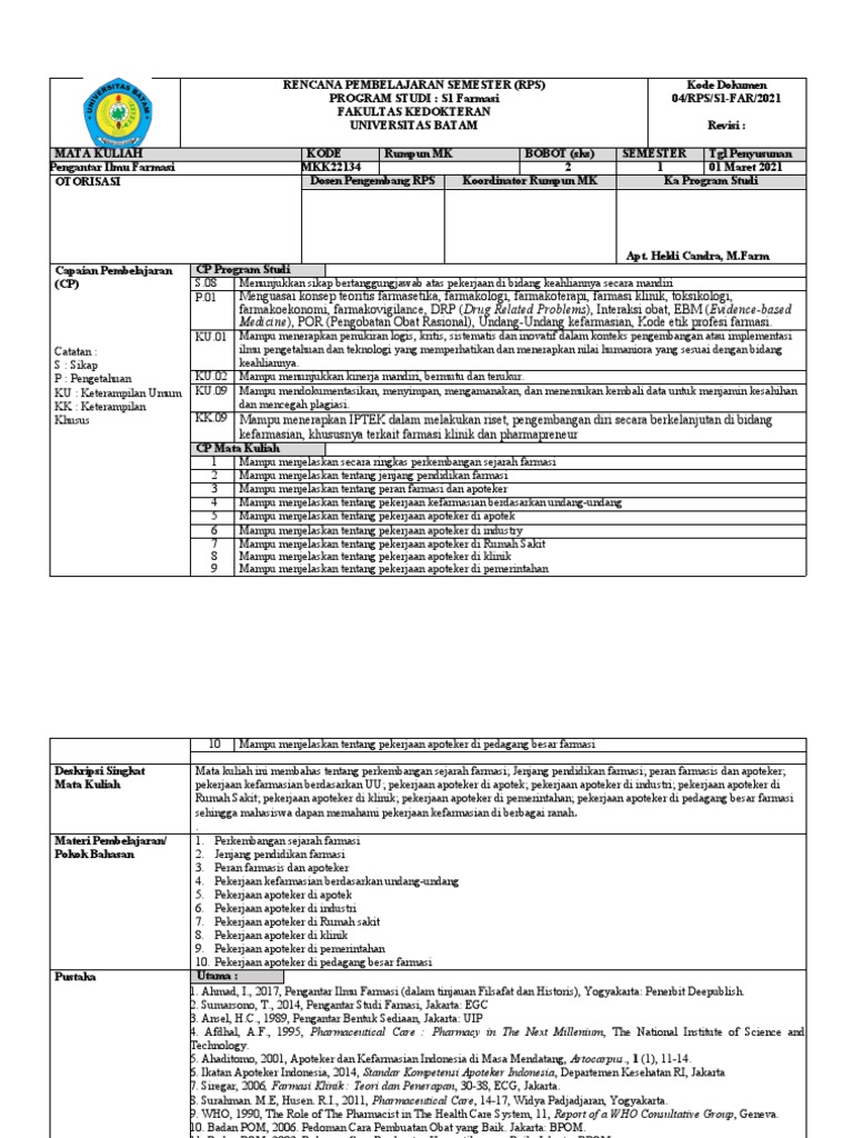 RPS PENGANTAR ILMU FARMASI-by YUNI | PDF | Sains & Matematika