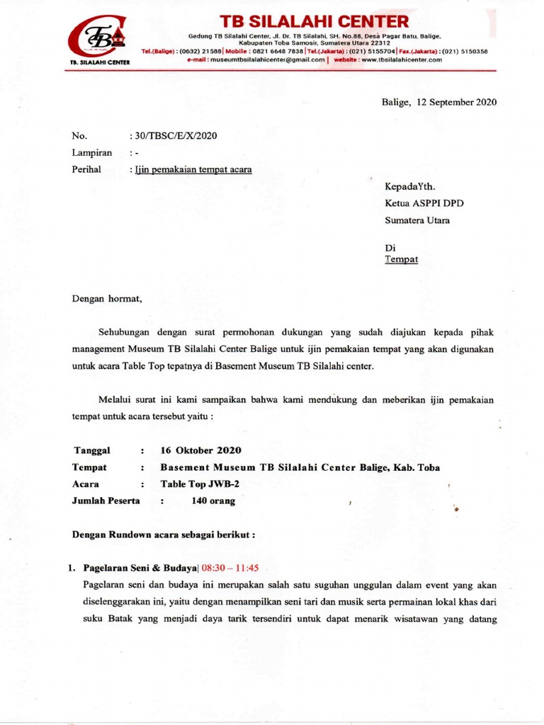 Contoh Surat Ijin Pemakaian Tempat | PDF