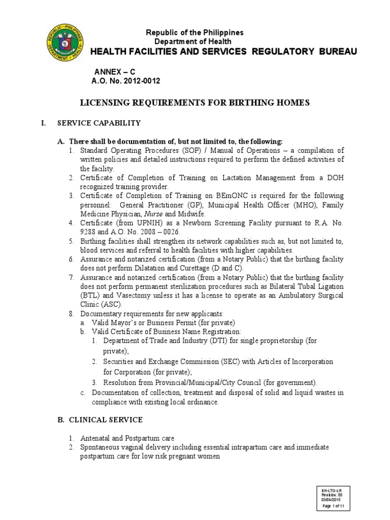 Licensing Requirements for Birthing Homes | PDF | Childbirth ...