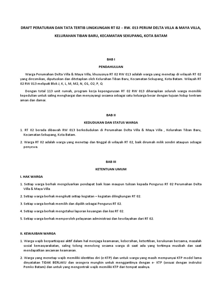 Draft Peraturan Dan Tata Tertib Lingkungan RT 02 | PDF