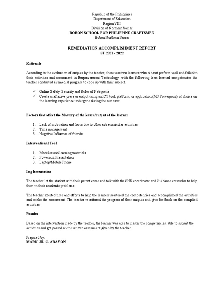Remediation Report for Bobon School | PDF