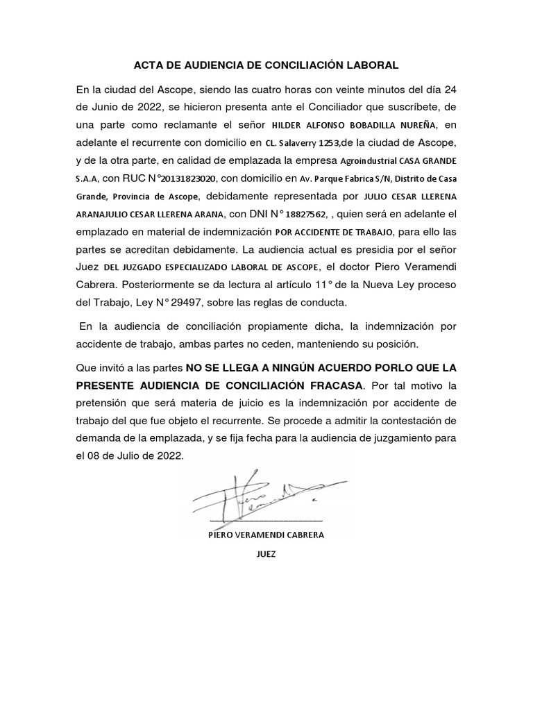 Acta de Audiencia de Conciliación Laboral | PDF Acta de Audiencia de Conciliación Laboral | PDF