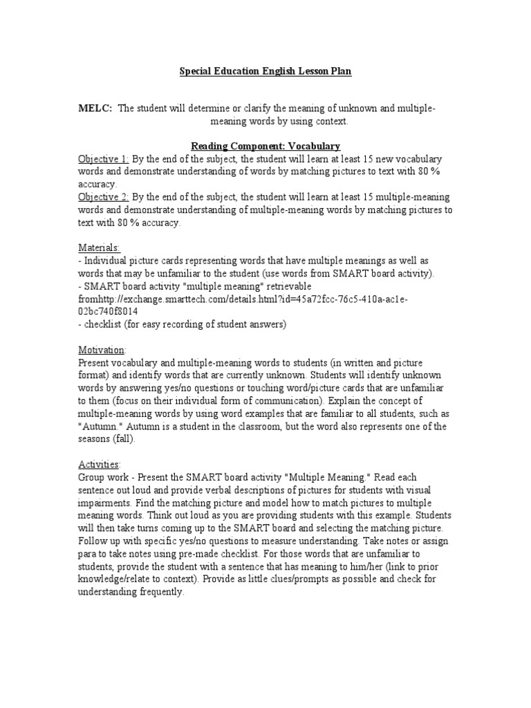 Vocabulary Lesson Plan For Students With Severe Intellectual ...