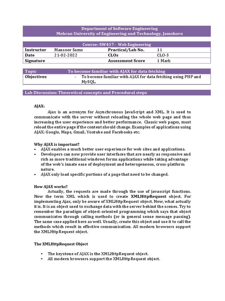 Instructor Practical/Lab No. Date Clos Signature Assessment Score | Descargar gratis PDF | Ajax ...
