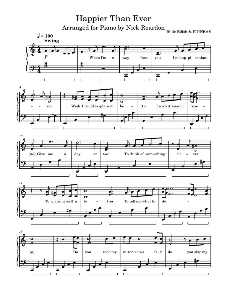 Happier Than Ever: Arranged For Piano by Nick Reardon | PDF