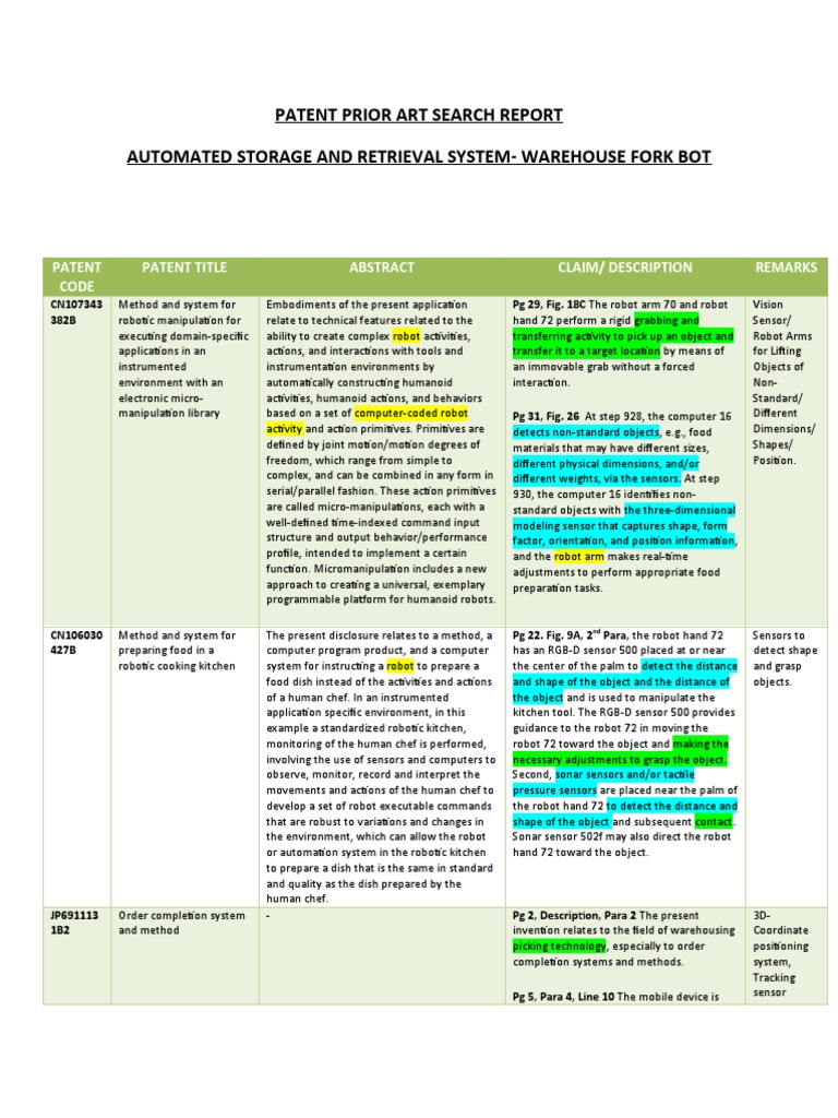 Patent Prior Art Search Report | PDF | Robot | Robotics