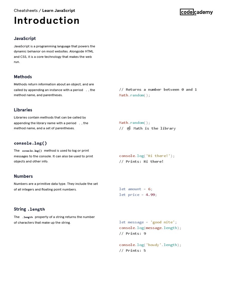 Learn JavaScript - Introduction Cheatsheet - Codecademy | PDF | Variable (Computer Science ...