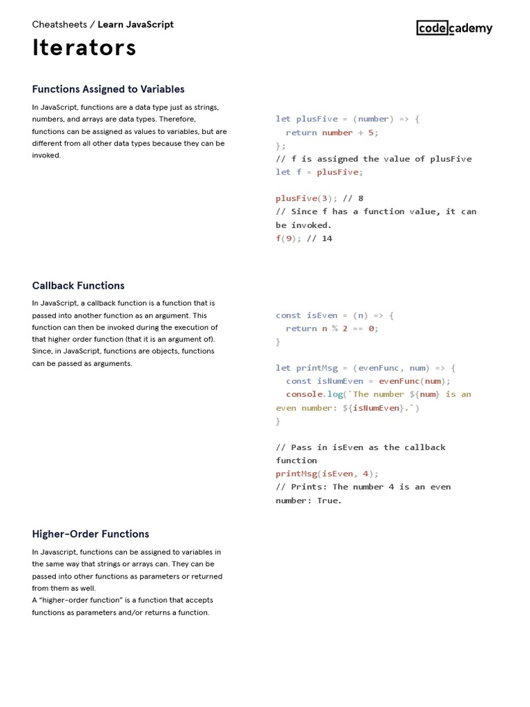 Learn JavaScript - Iterators Cheatsheet - Codecademy | PDF | Parameter (Computer Programming ...
