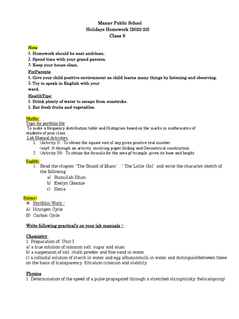 Holidays Homework Class 9 | PDF