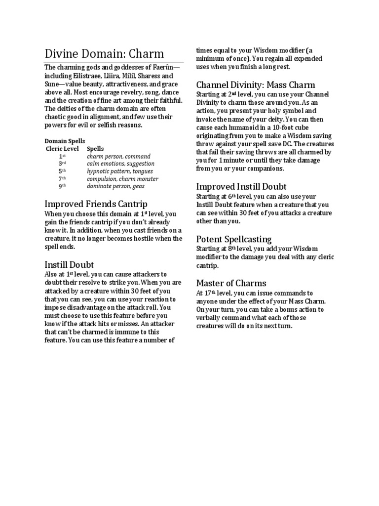 Divine Domain: Charm: Channel Divinity: Mass Charm | PDF | Religious ...