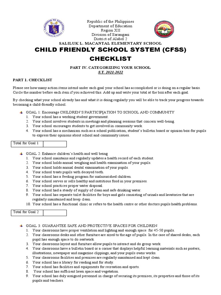 Child Friendly School System (CFSS) Checklist: Saliluk L. Macantal ...