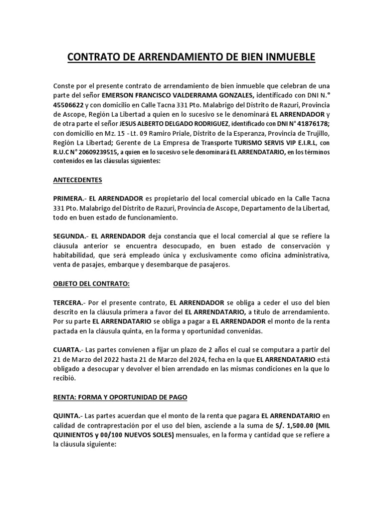 Contrato de Arrendamiento Turismo Servis Vip | PDF | Negocios ...