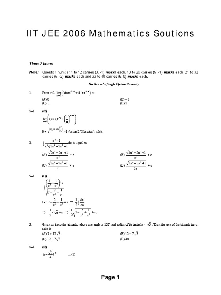 IIT JEE 2006 Mathematics Soutions: Time: 2 Hours | PDF | Plane ...