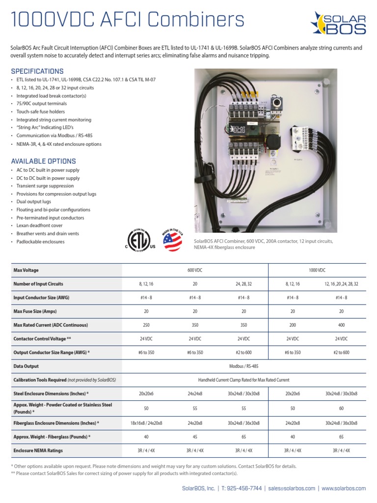 SolarBOS 1000VDC AFCI Combiners | PDF | Power Supply | Fuse (Electrical)
