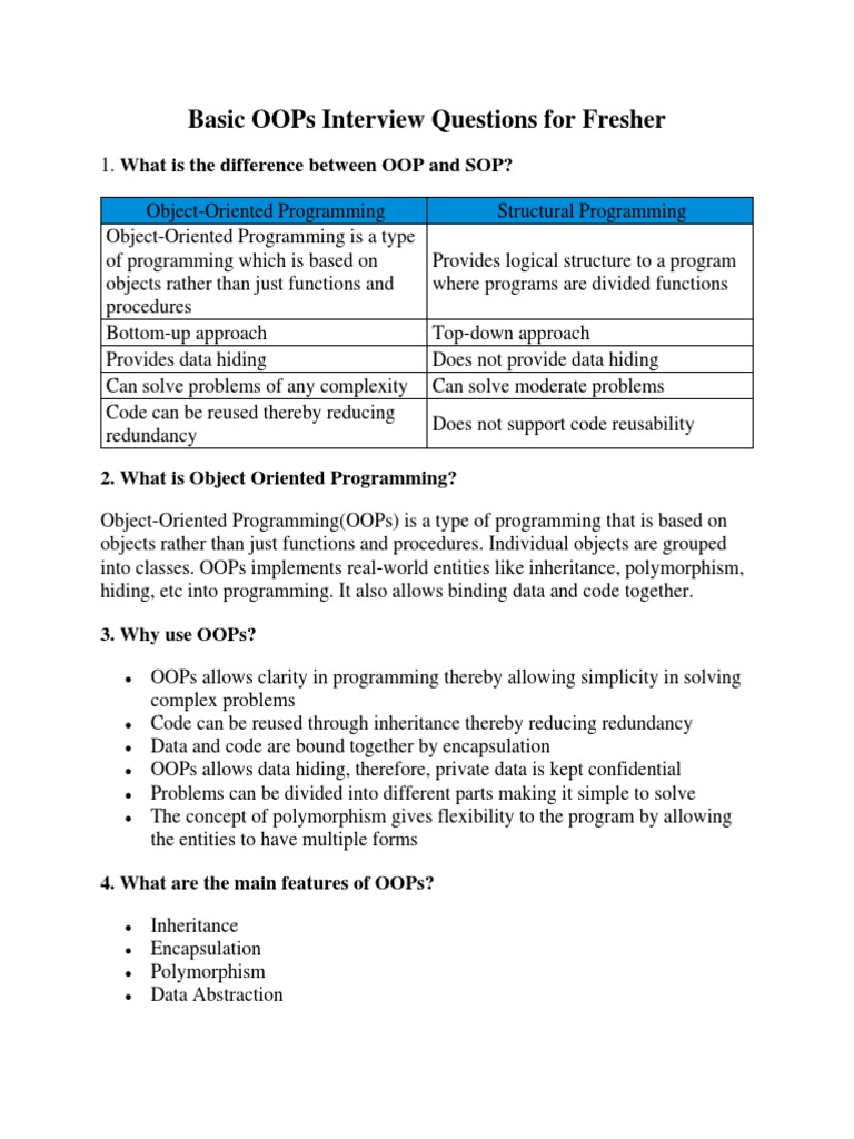 Basic Oops Interview Questions For Fresher 2 What Is Object Oriented Programming Pdf