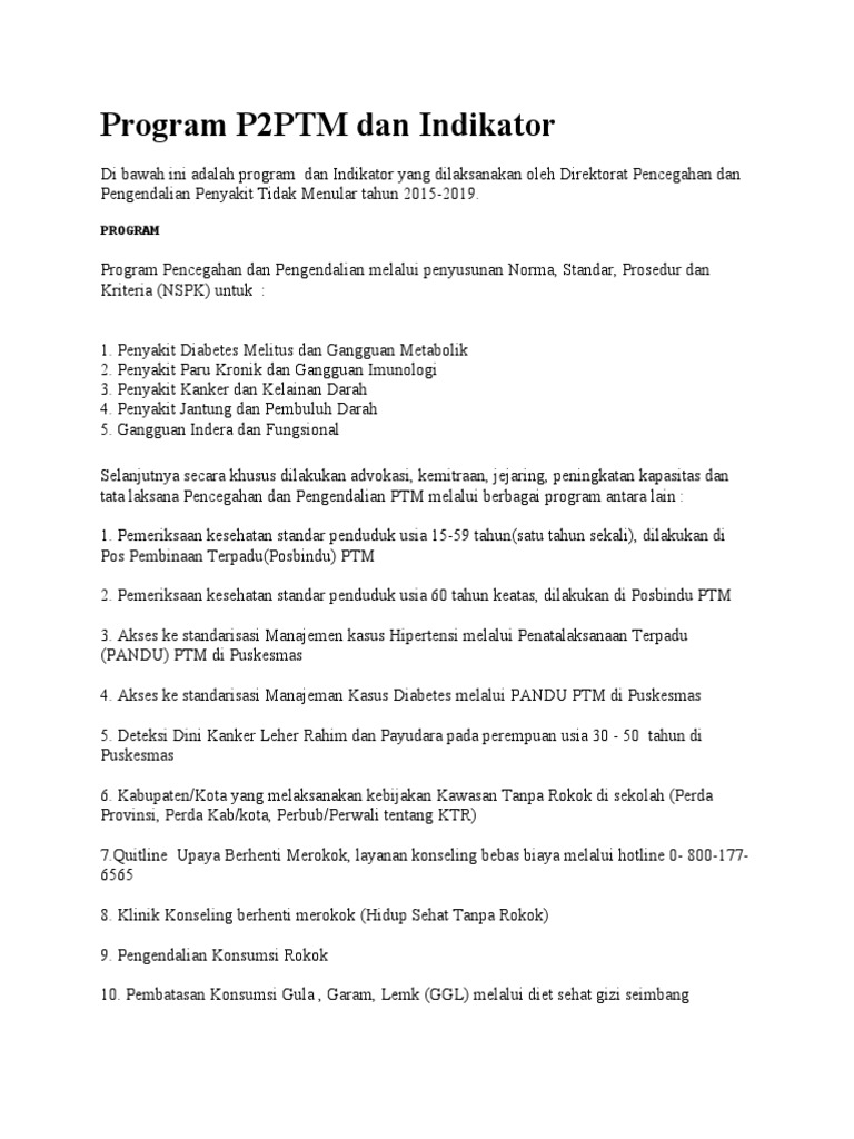 Program P2PTM Dan Indikator | PDF | Pengembangan Diri