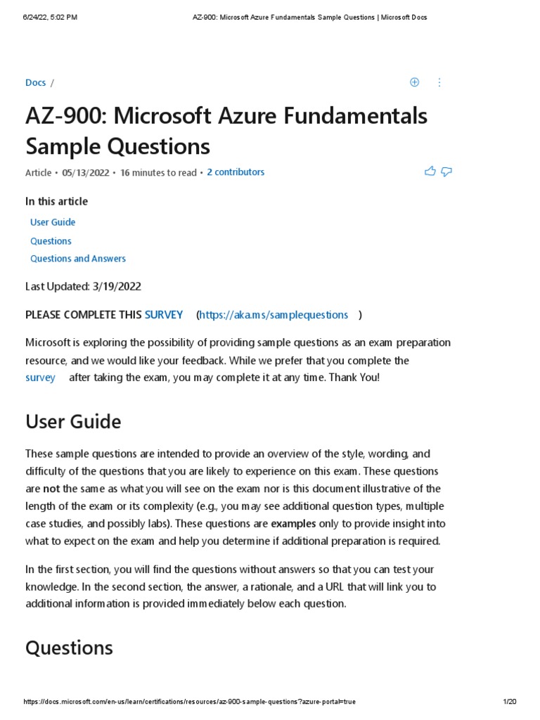 AZ-900 - Microsoft Azure Fundamentals Sample Questions - Microsoft Docs | PDF | Cloud Computing ...