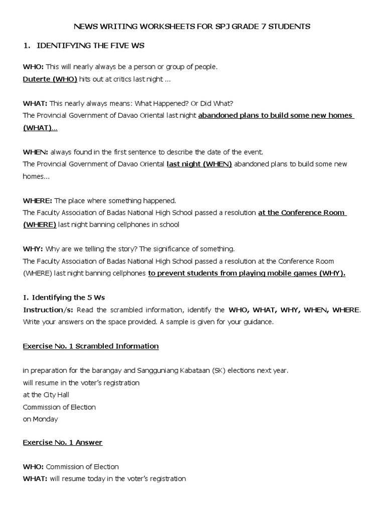 News Writing Worksheets For SPJ Grade 7 Students 1. Identifying The ...